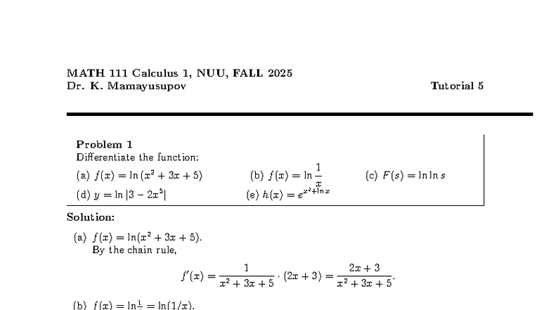 MATH 111 Calculus 1 - Tutorial 5 Solutions (FALL 2025) - Studocu