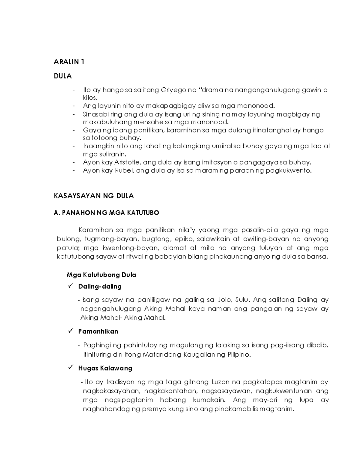 Aralin 1 - Kasaysayan at Pag-unlad ng Dula sa Pilipinas - Studocu