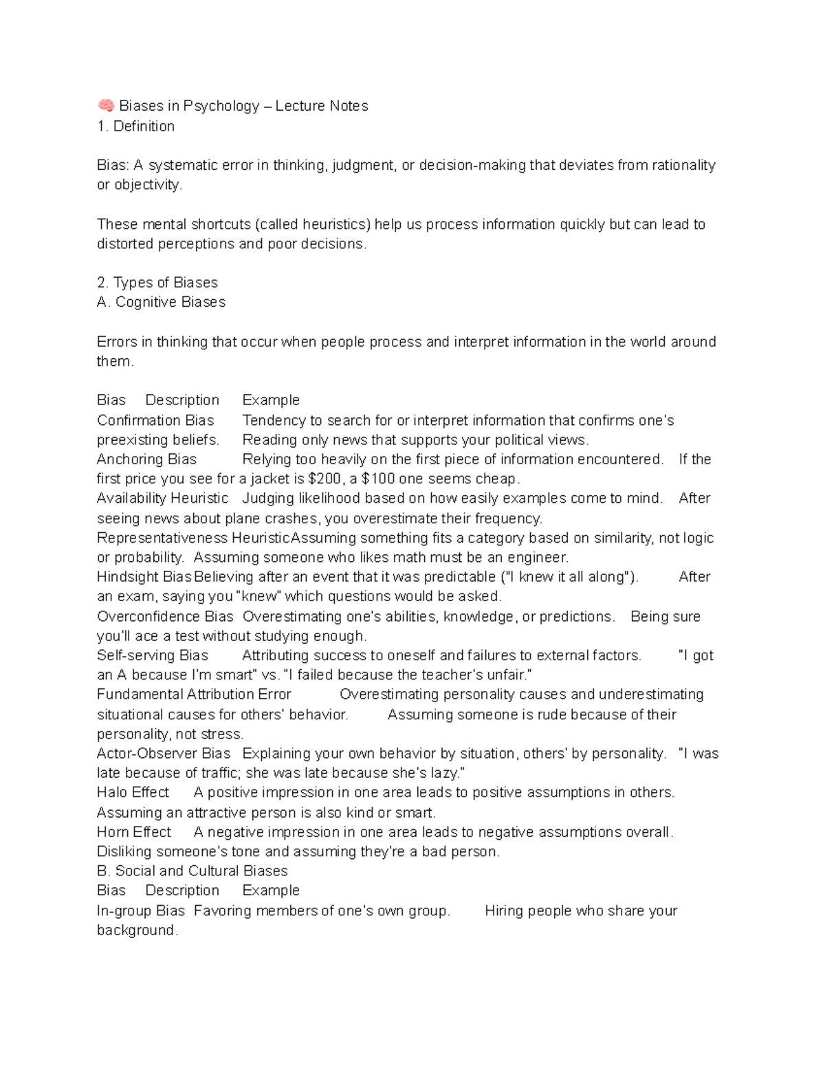 Biases in Psychology – Lecture Notes (PSY 101) - Studocu