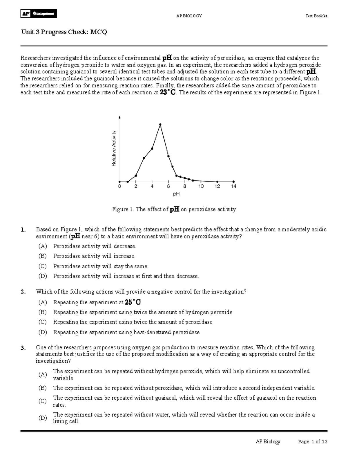 AP BIOLOGY Unit 3 Progress Check: MCQ Test Booklet - Studocu