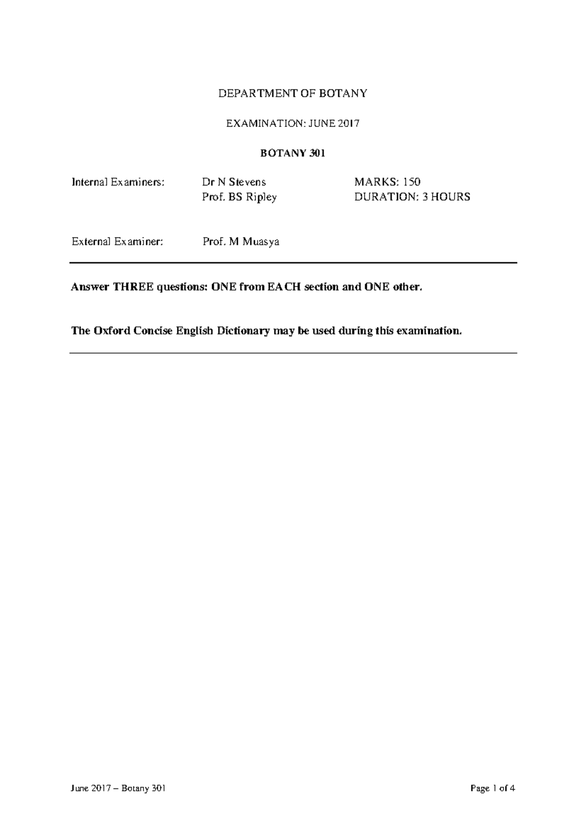 BOT 301 June 2017 Examination Paper: Detailed Questions and Sections ...