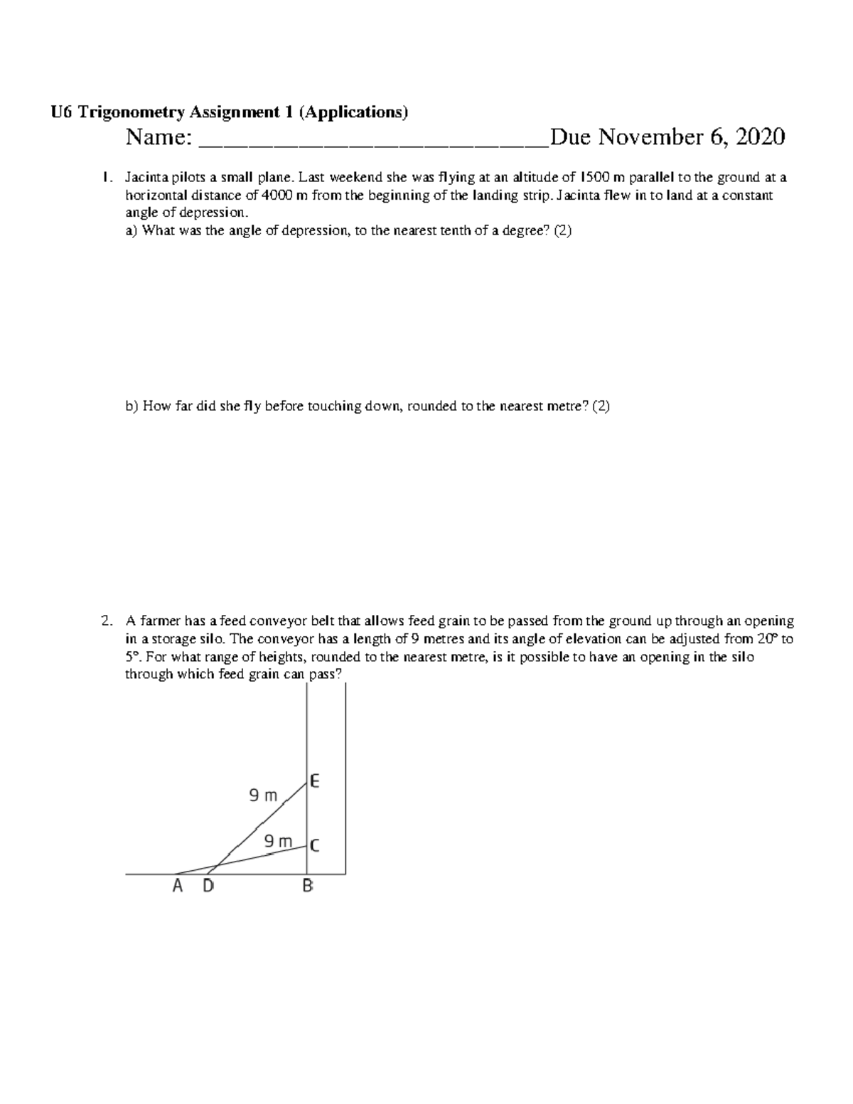 U6 Trigonometry Assignment 1 (Applications) - Problem Set and Solutions ...