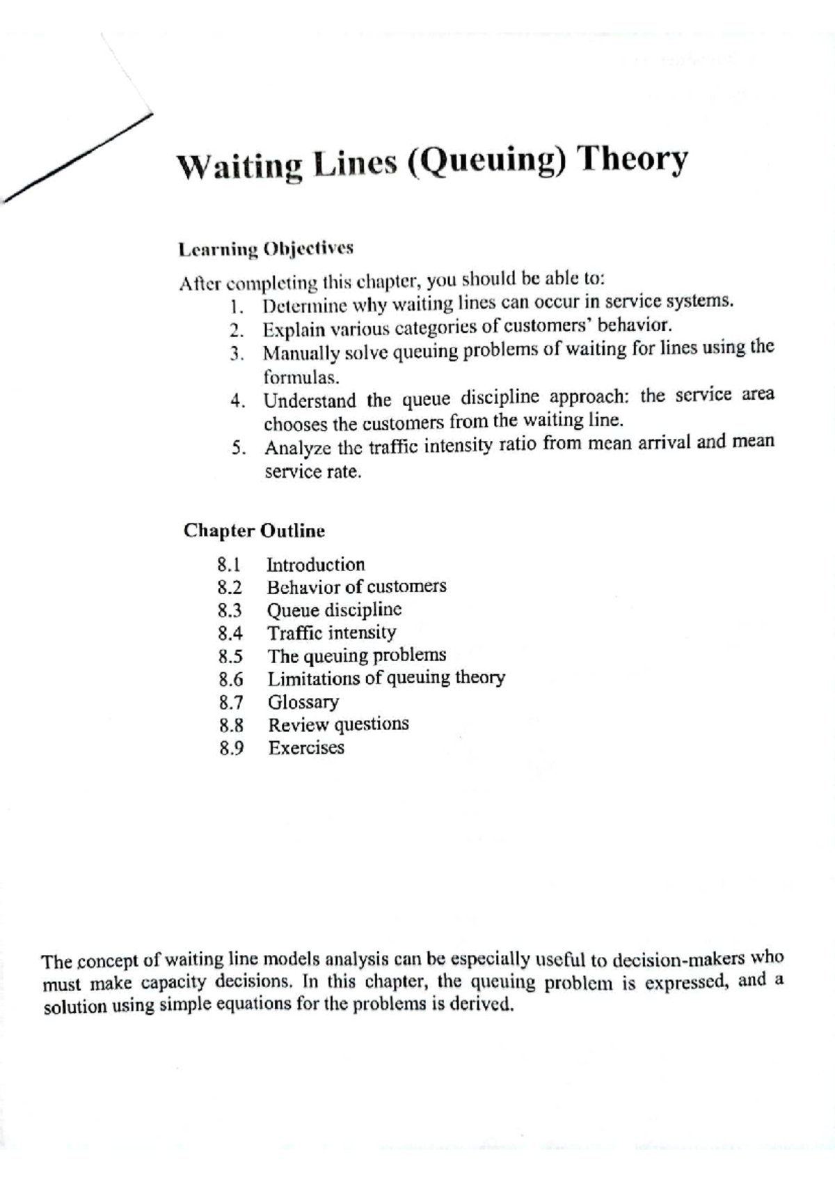 Waiting Lines Theory: Mgt. JnU Chapter 8 Practice Material - Studocu