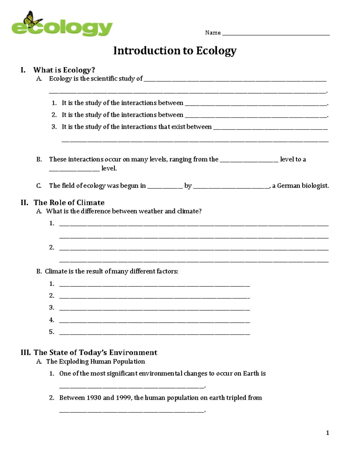 Intro to Ecology I: Key Concepts and Interactions - Studocu