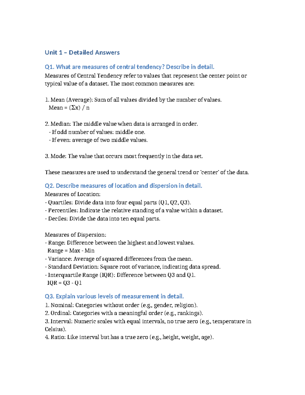 Unit 1: Detailed Answers on Central Tendency & Statistical Measures ...