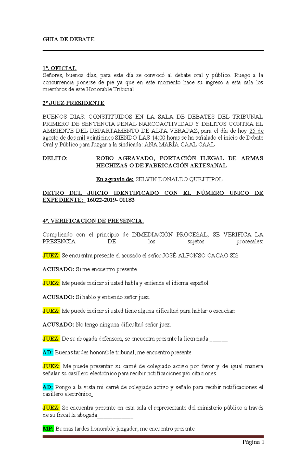 GUÍA DE DEBATE 1º OFICIAL - JUICIO PENAL: ANA MARÍA CAAL CAAL - Studocu