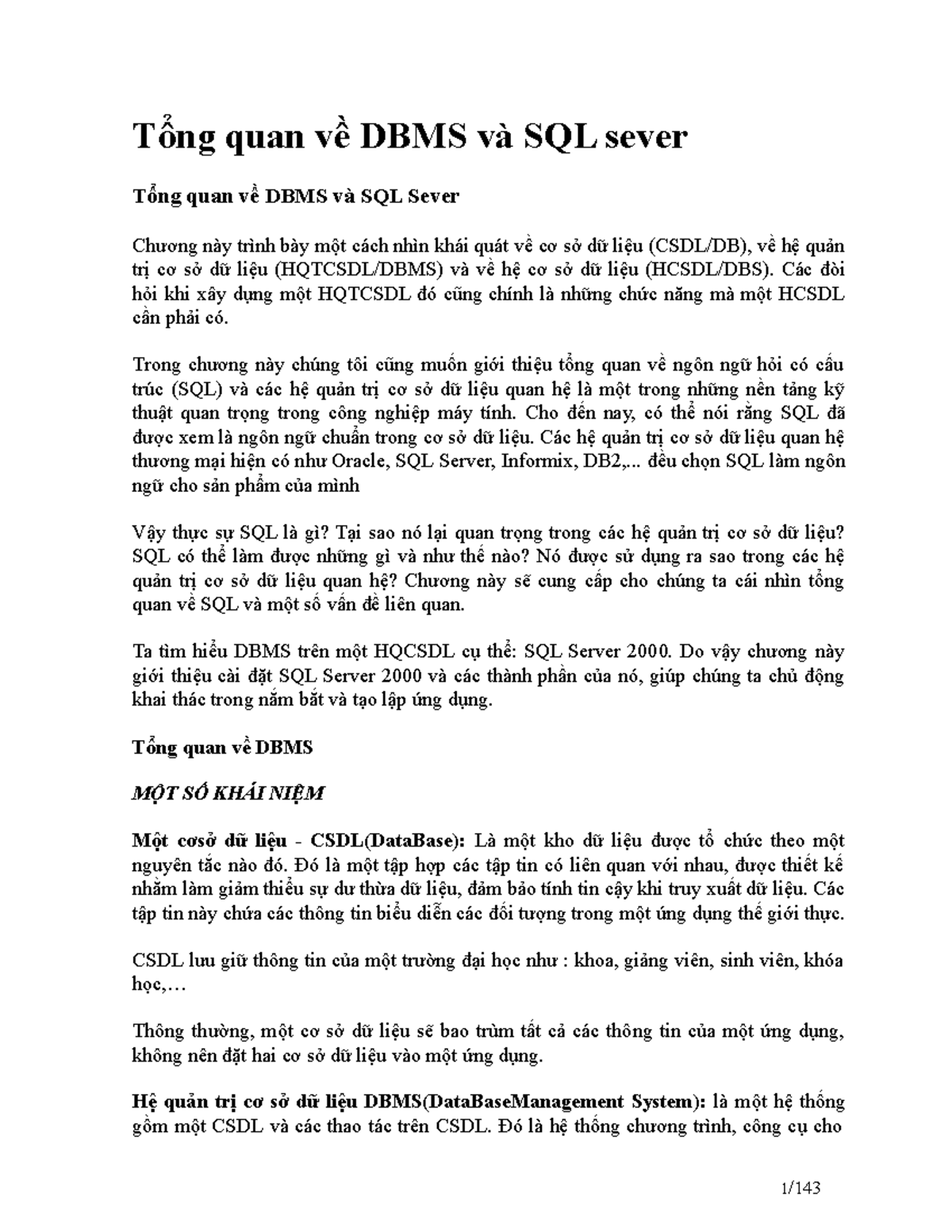 Giáo trình Hệ Quản Trị Cơ Sở Dữ Liệu SQL: Tổng Quan về DBMS & SQL ...