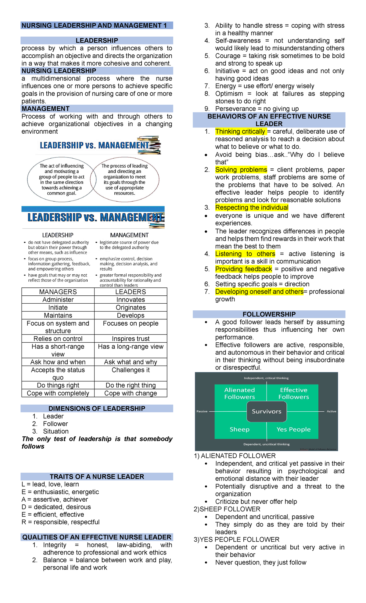 NLM 1: Comprehensive Notes on Leadership & Management in Nursing - Studocu