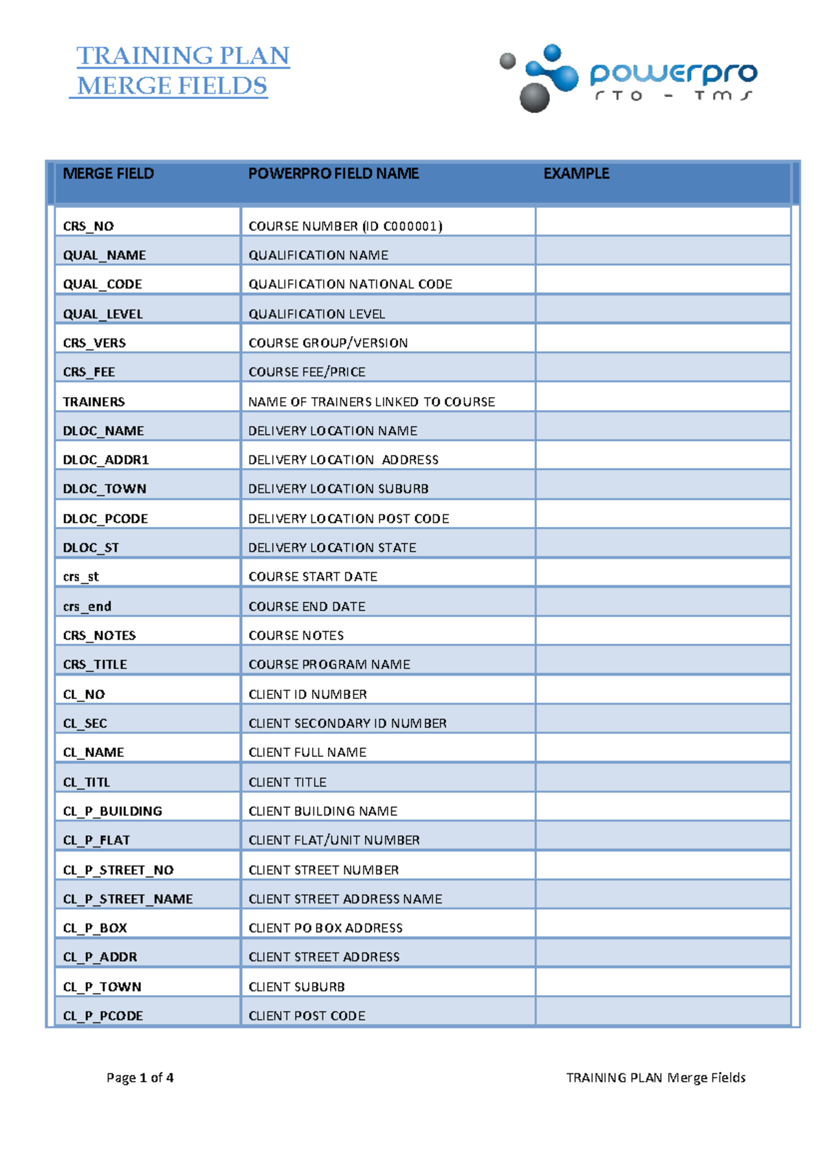 Training Plan Merge Fields List v2 for CRS_NO and Client Details - Studocu