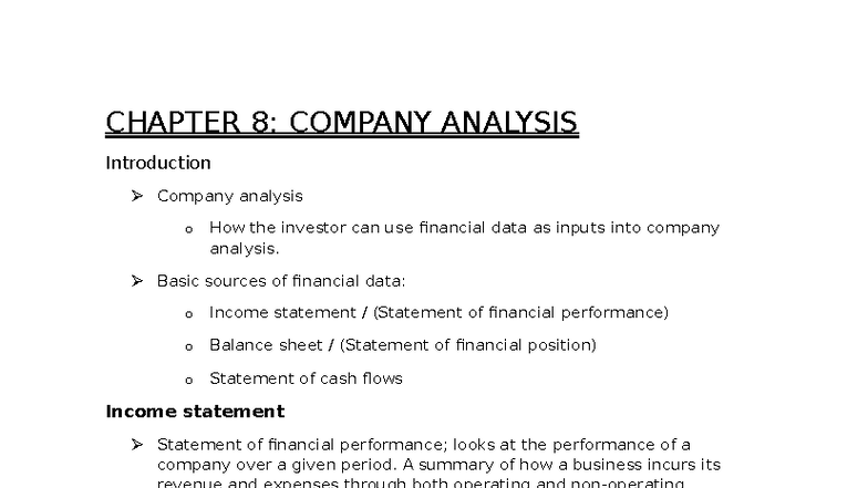 CHAPTER 8: COMPANY ANALYSIS - Financial Data Insights and Ratios - Studocu