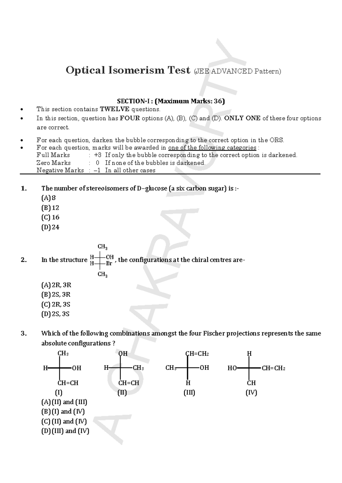 JEE ADVANCED Optical Isomerism Test: 12 Questions with Answers - Studocu