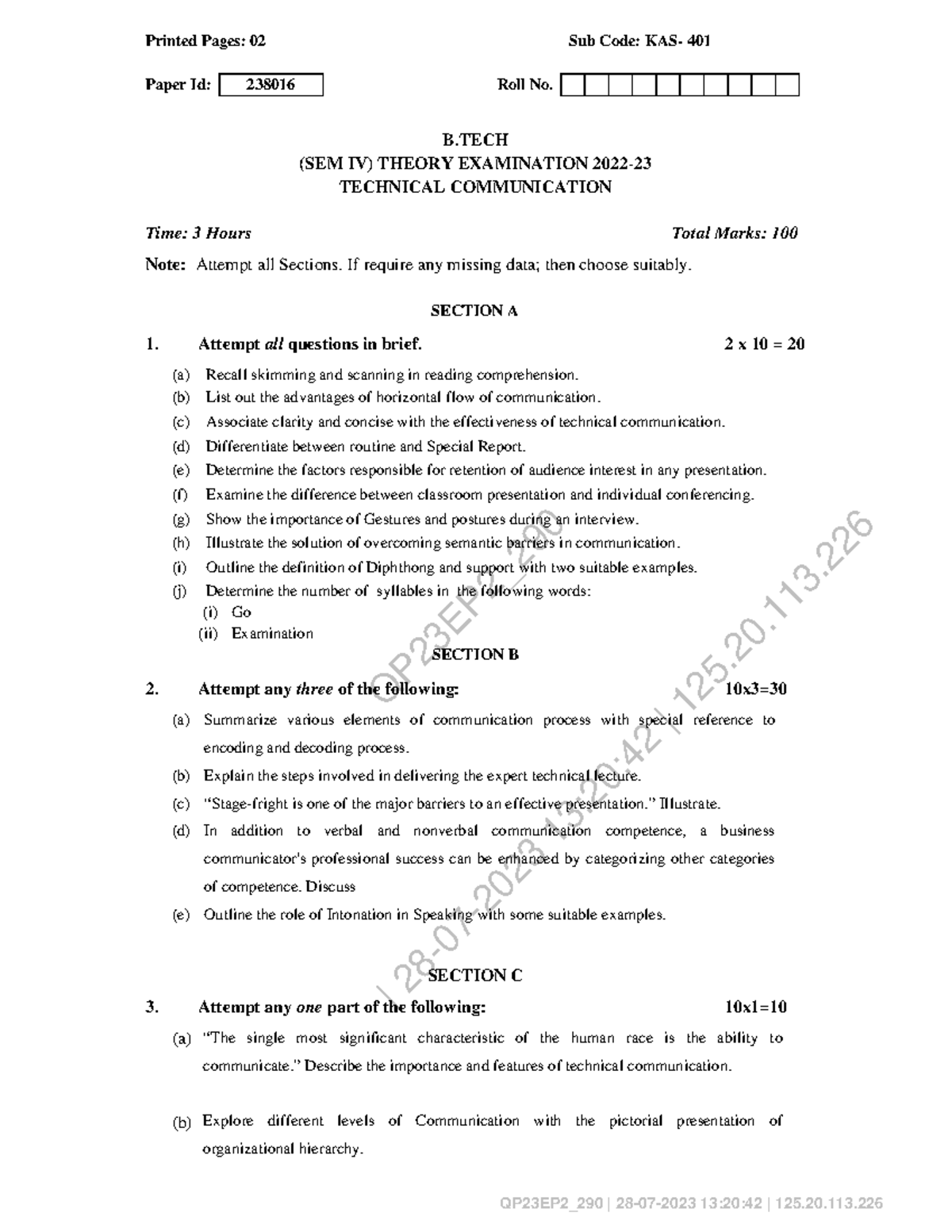 Technical Communication KAS 401 - SEM IV Theory Exam Paper 2022 - Studocu