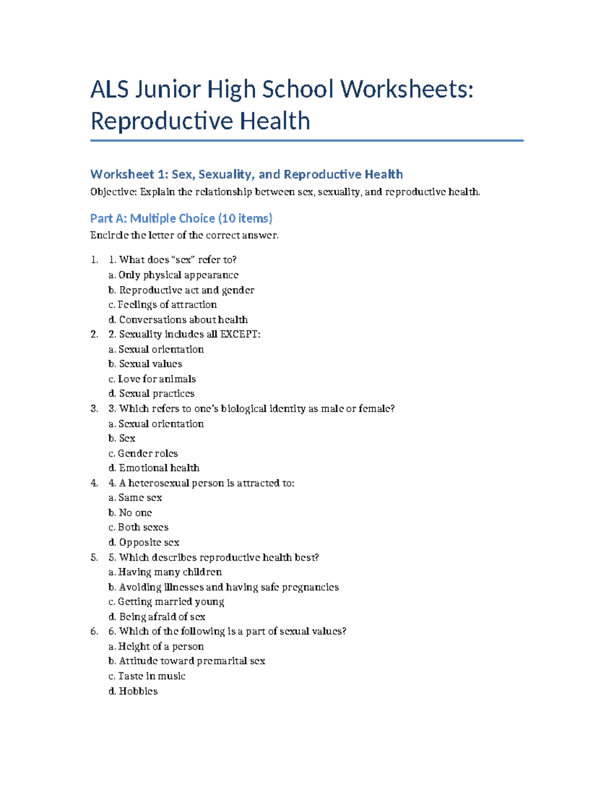 ALS Junior High School: Reproductive Health Worksheet 1 - Studocu