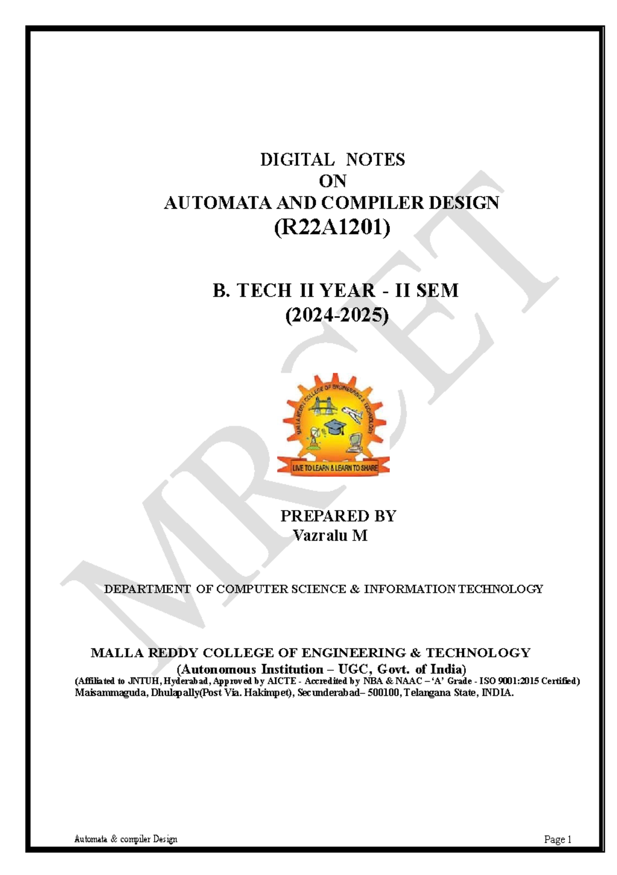 CSIT (R22A1201) 2-2 Automata & Compiler Design Digital Notes - Studocu