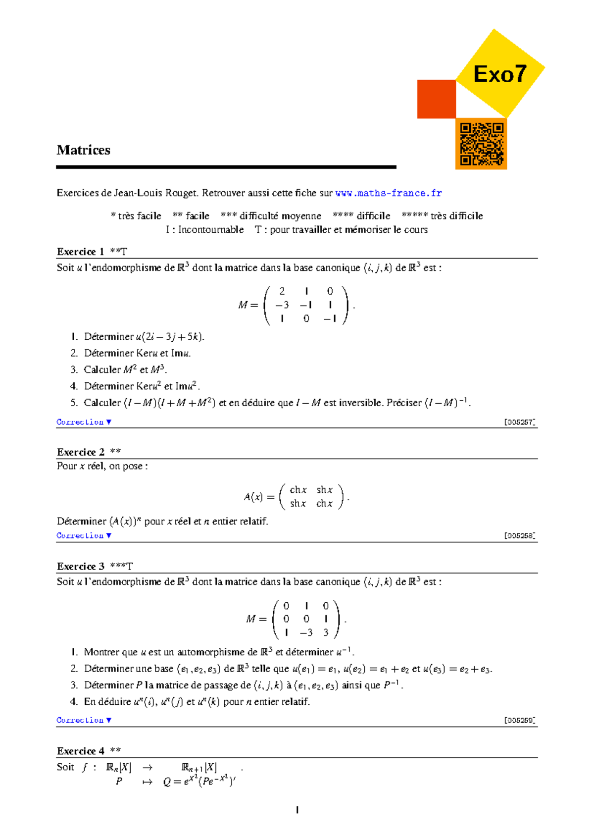 Exo7 Matrices : Exercices et Corrections pour Préparation aux Examens ...