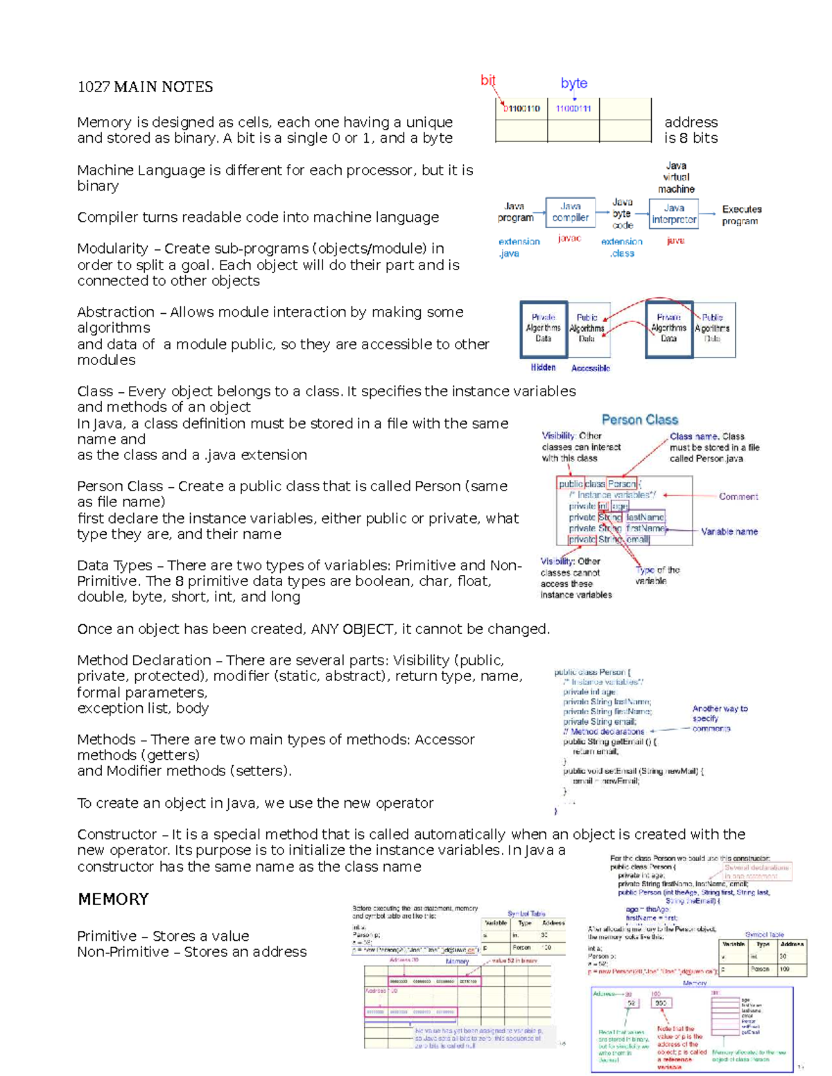 1027 MAIN NOTES: Java Memory Management and Object-Oriented Concepts ...