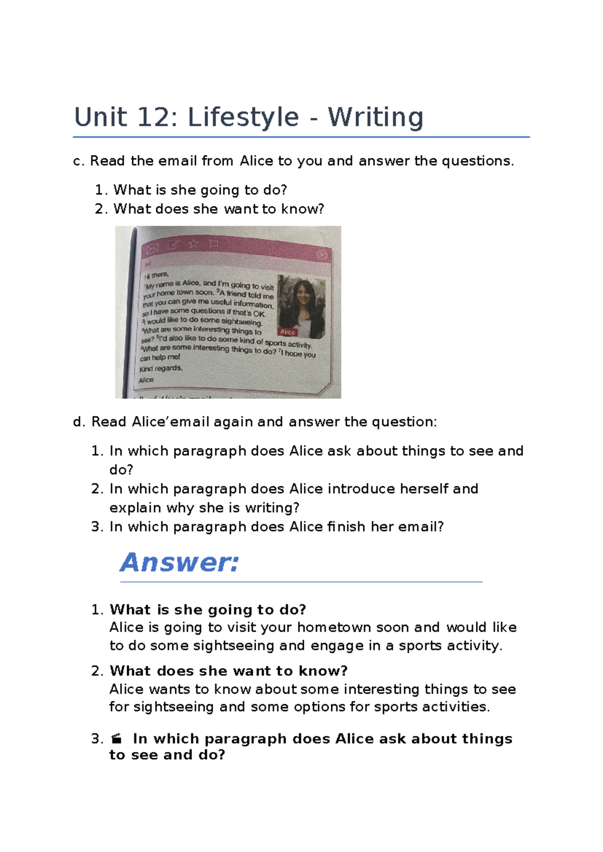 Unit 12: Lifestyle Writing - Email Practice and Responses - Studocu
