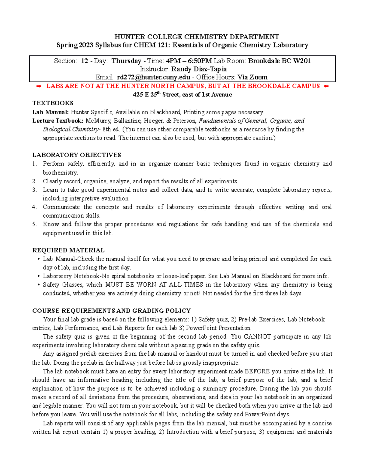 CHEM 121 SP2023 Lab Syllabus: Essentials of Organic Chemistry - Studocu