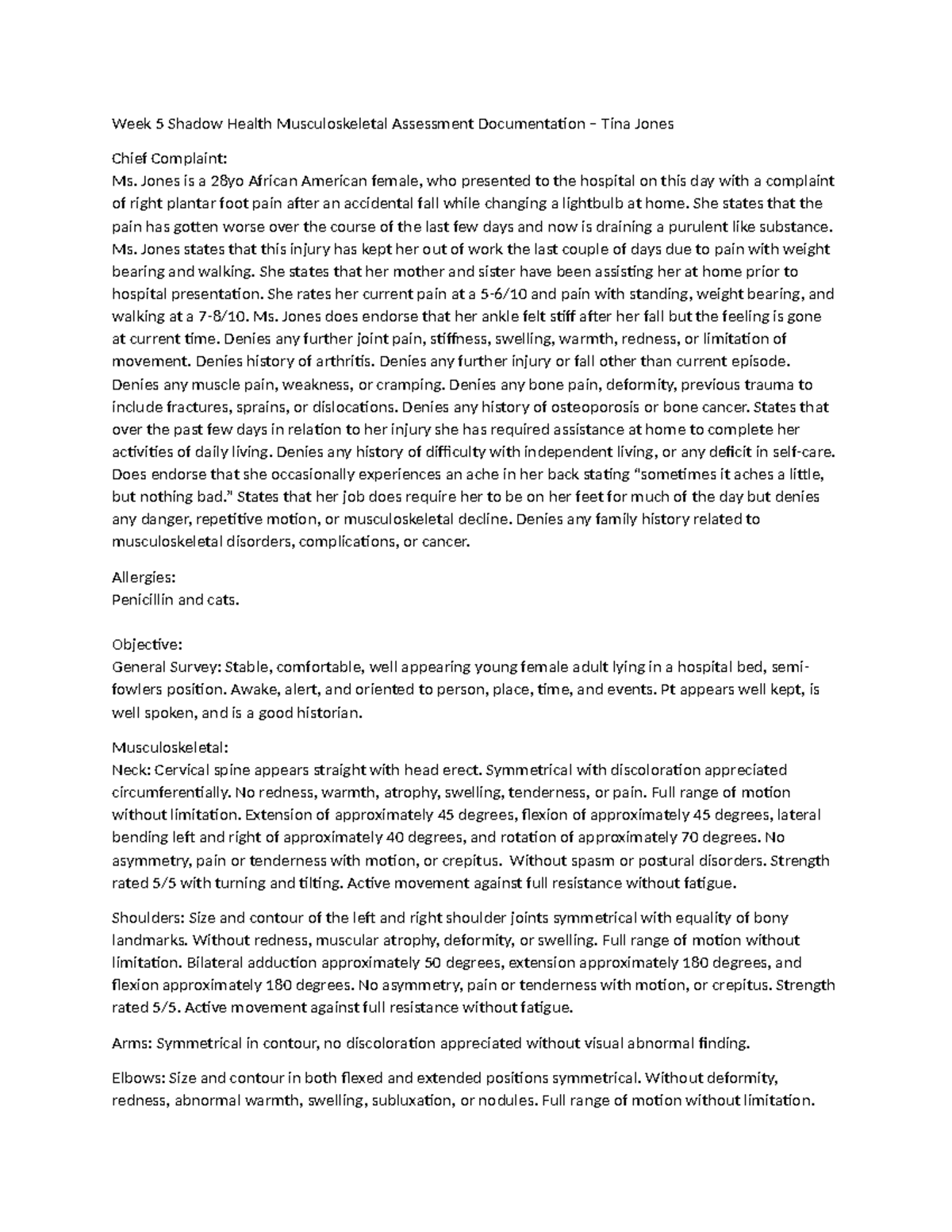 Wk5 Shadow Health Musculoskeletal Assessment Notes – Tina Jones - Studocu