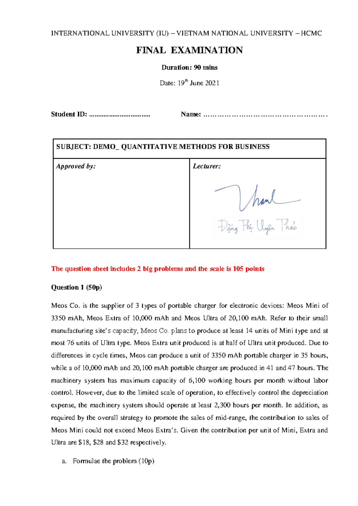 Quant Final exam 19th June - INTERNATIONAL UNIVERSITY (IU) – VIETNAM ...
