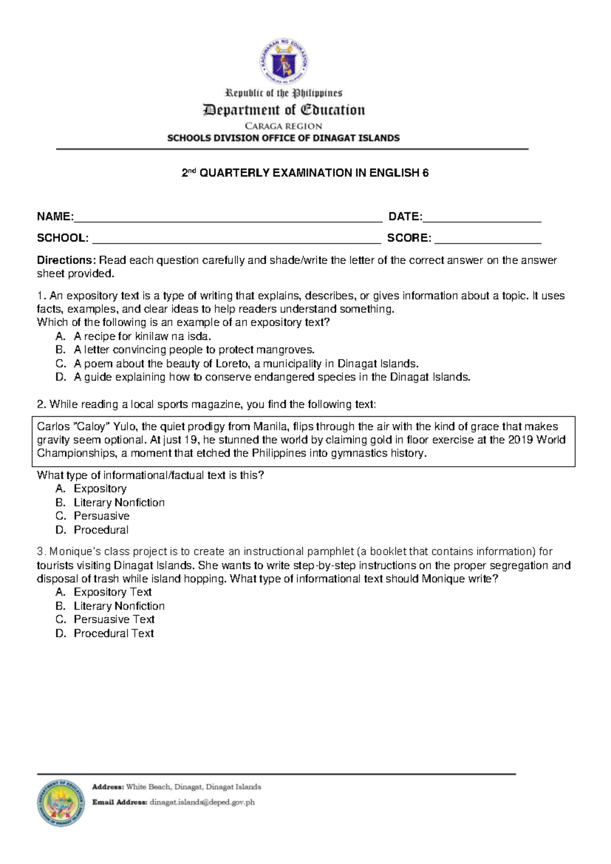 English 6 TQ - 2nd Quarter Examination Review Guide - Studocu
