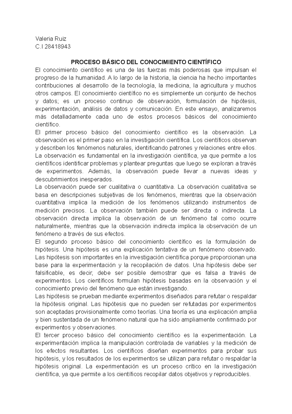 Proceso Básico del Conocimiento Científico - Valeria Ruiz - Studocu