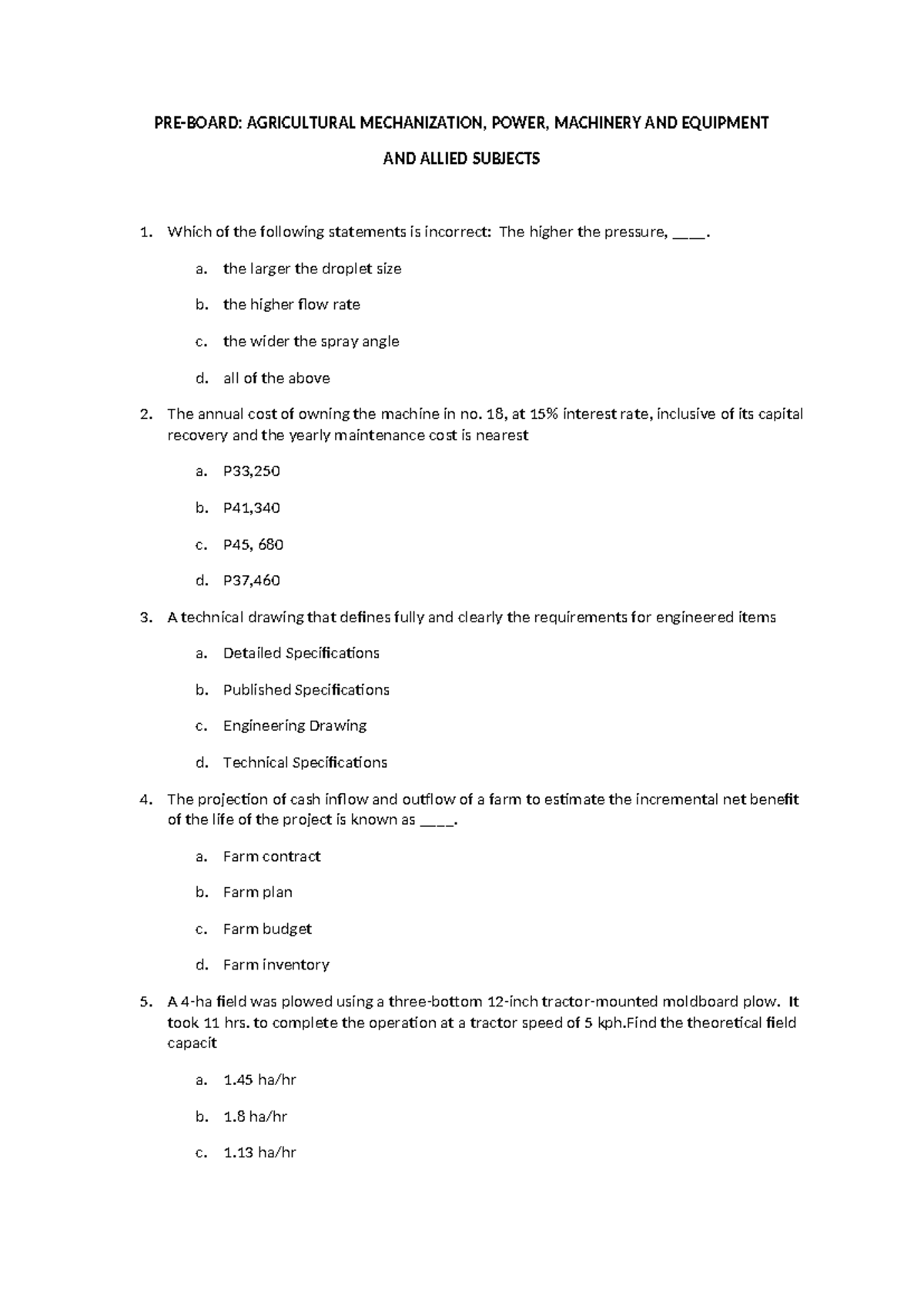 PRE-BOARD: AG MECH & MACHINERY CONCEPTS EXAMINATION-AREA 1 - Studocu