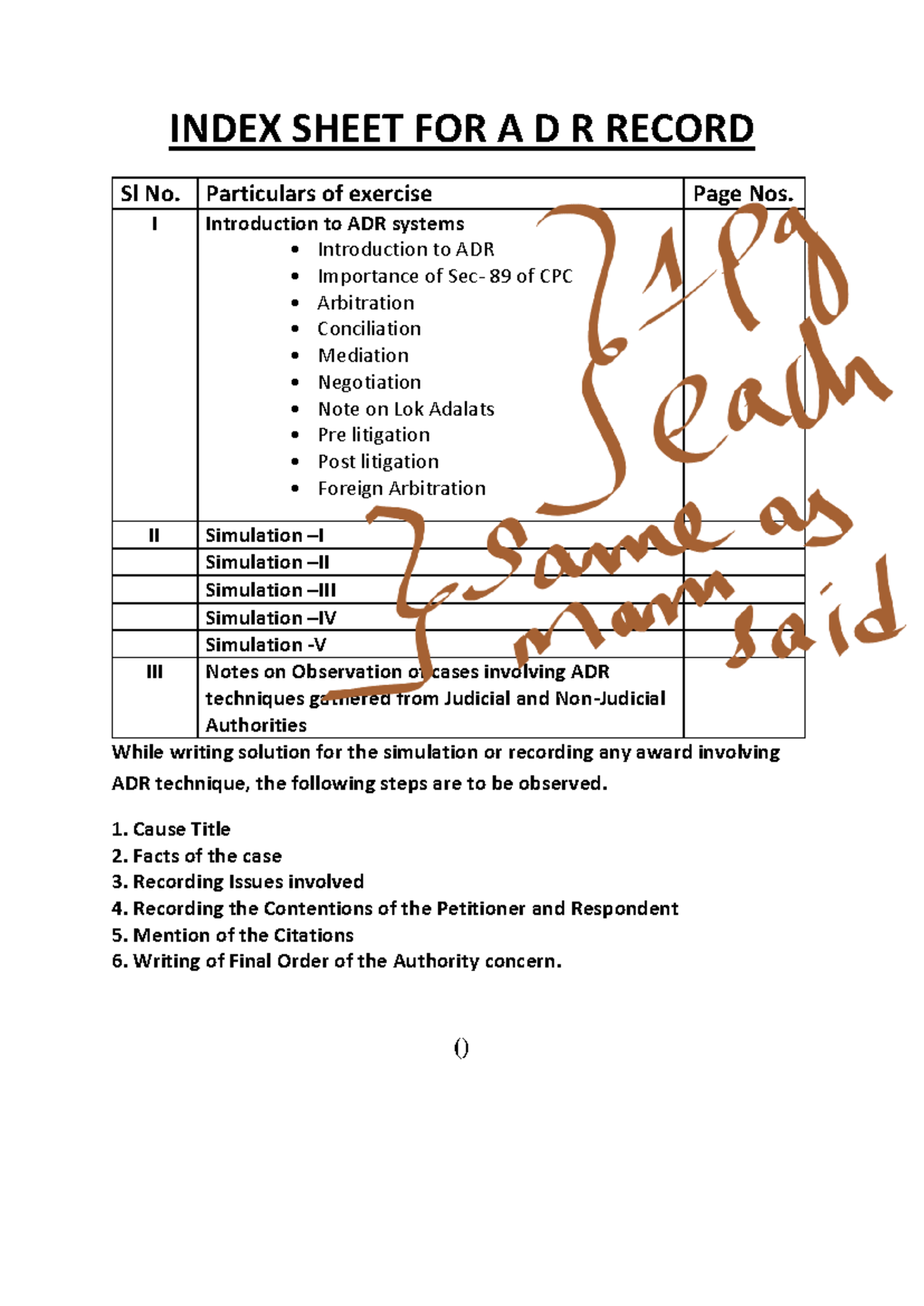 INDEX SHEET FOR ADR RECORD - LL.B 3YDC V SEM 5YDC IX SEM 2025-26 - Studocu