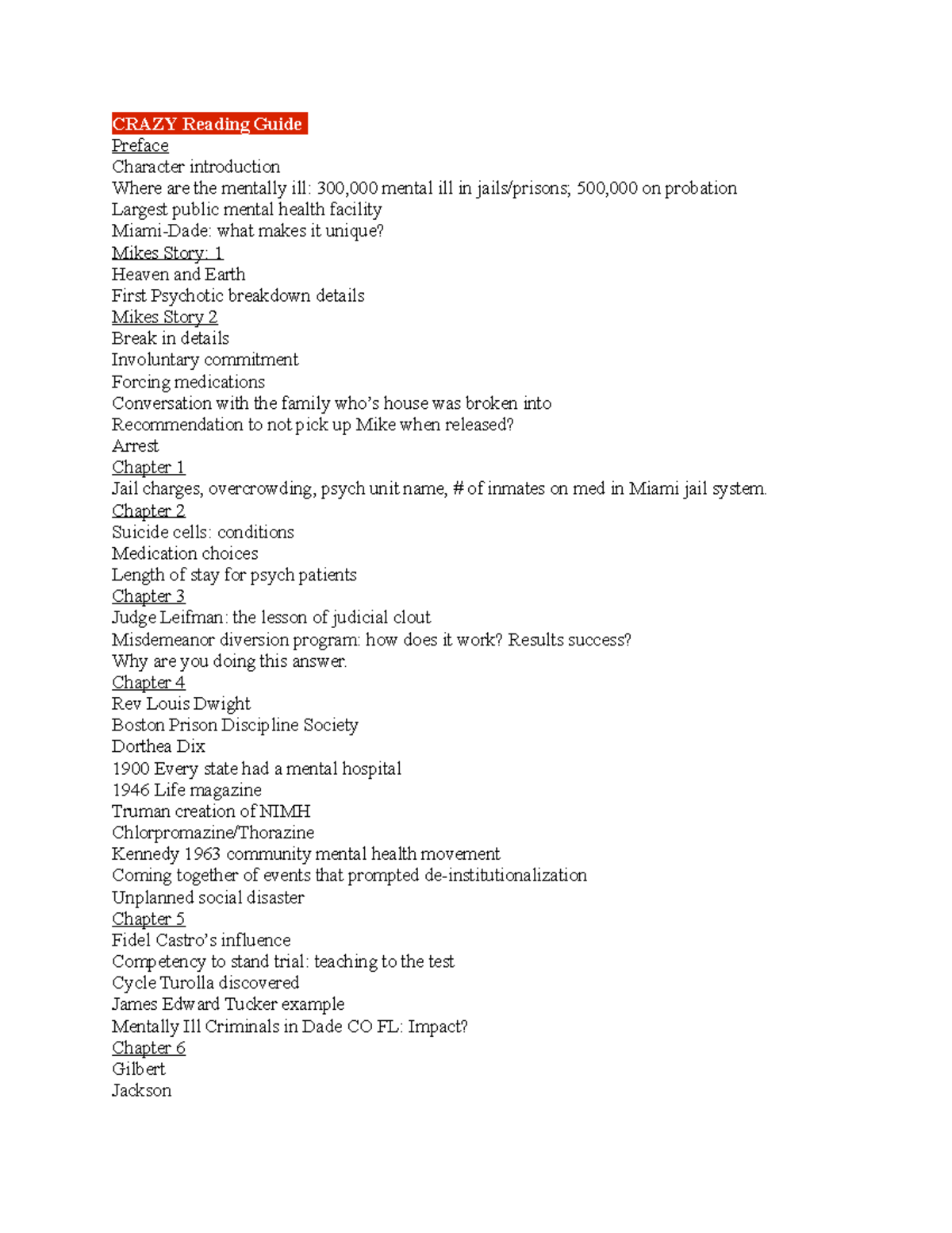 Crazy Reading Guide - Criminalizing the Mentally Ill - CRAZY Reading ...