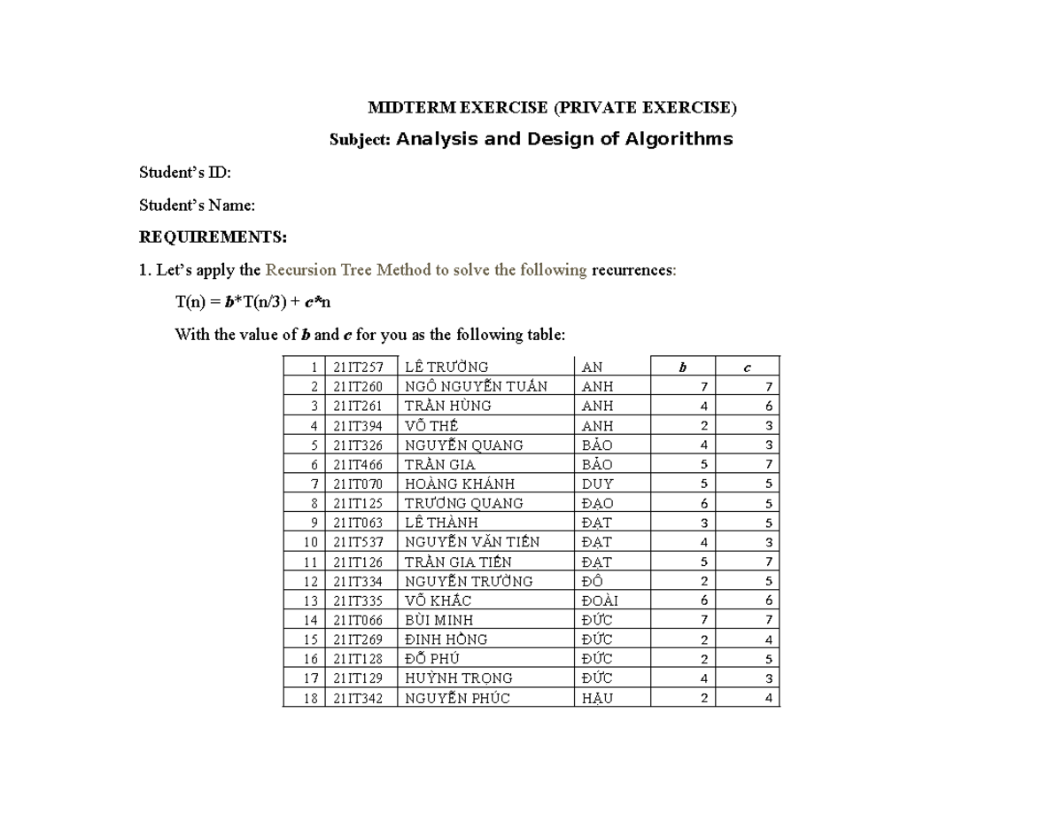 Midterm Exercise - 123 - MIDTERM EXERCISE (PRIVATE EXERCISE) Subject: Analysis and Design of ...