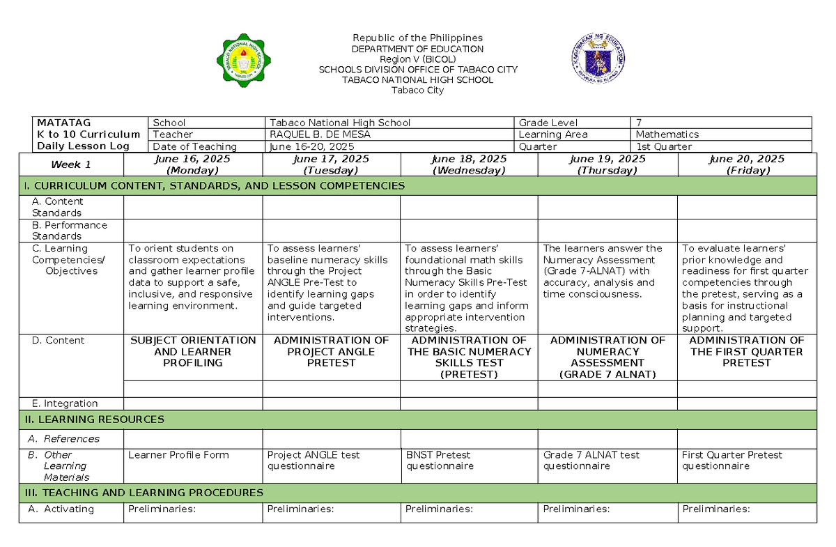 Q1 DLL Week 1: Mathematics 7 Daily Lesson Log (June 16-20, 2025) - Studocu