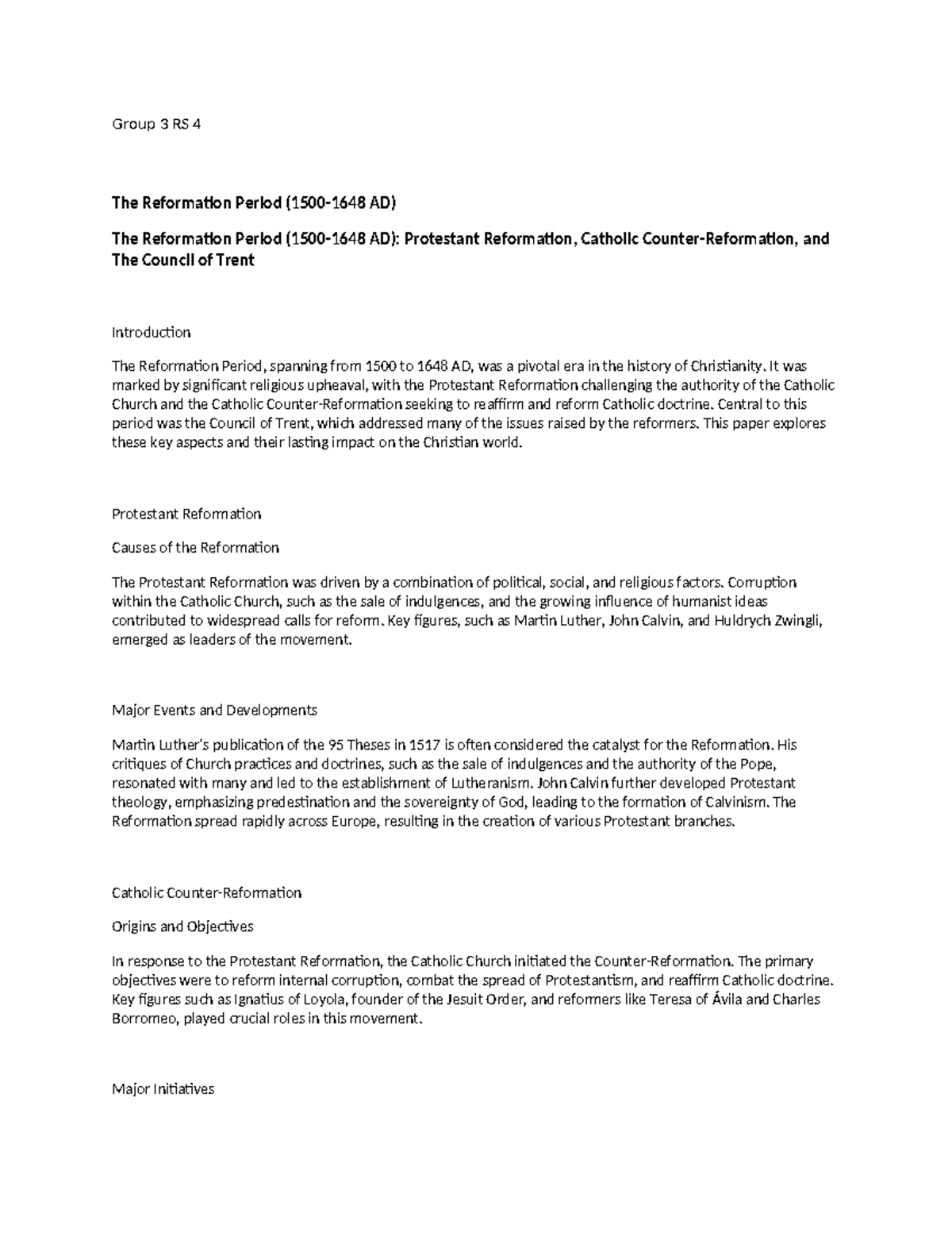 Group 3 RS 4 - The Reformation Period: Key Events & Impacts - Studocu