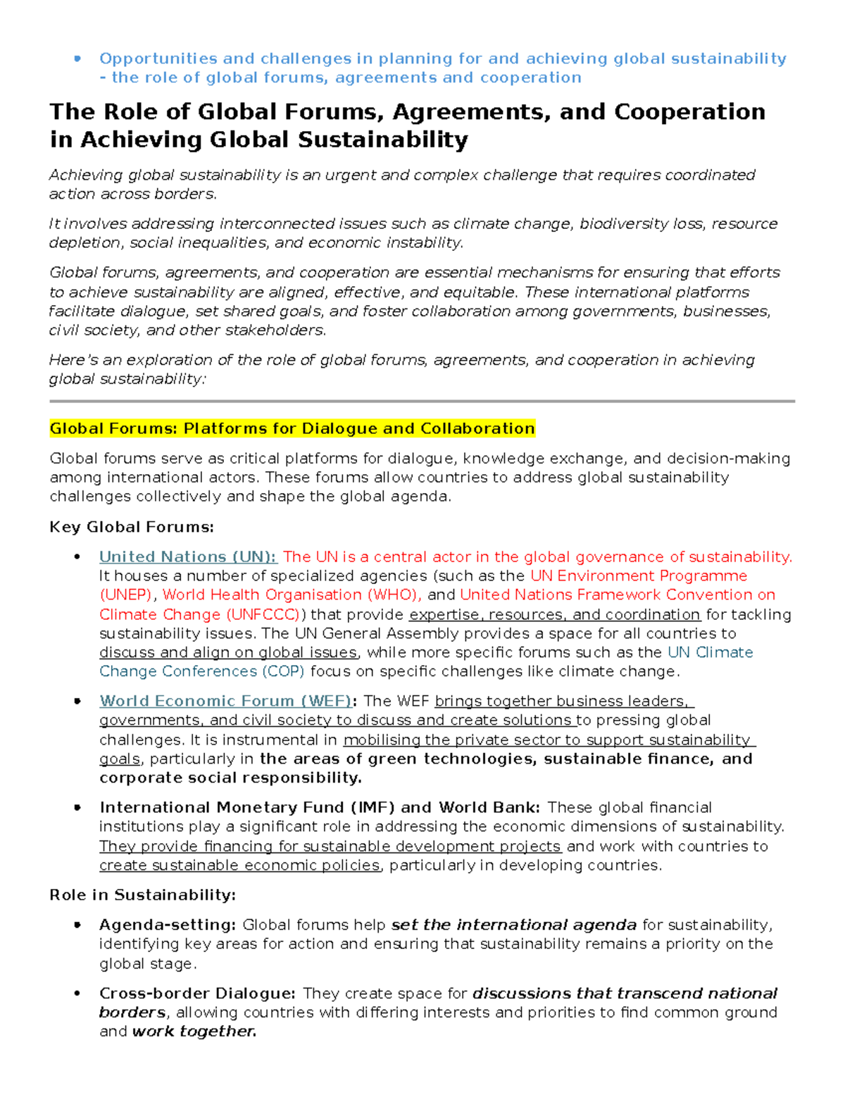 The Role of Global Forums and Agreements in Sustainability Efforts ...