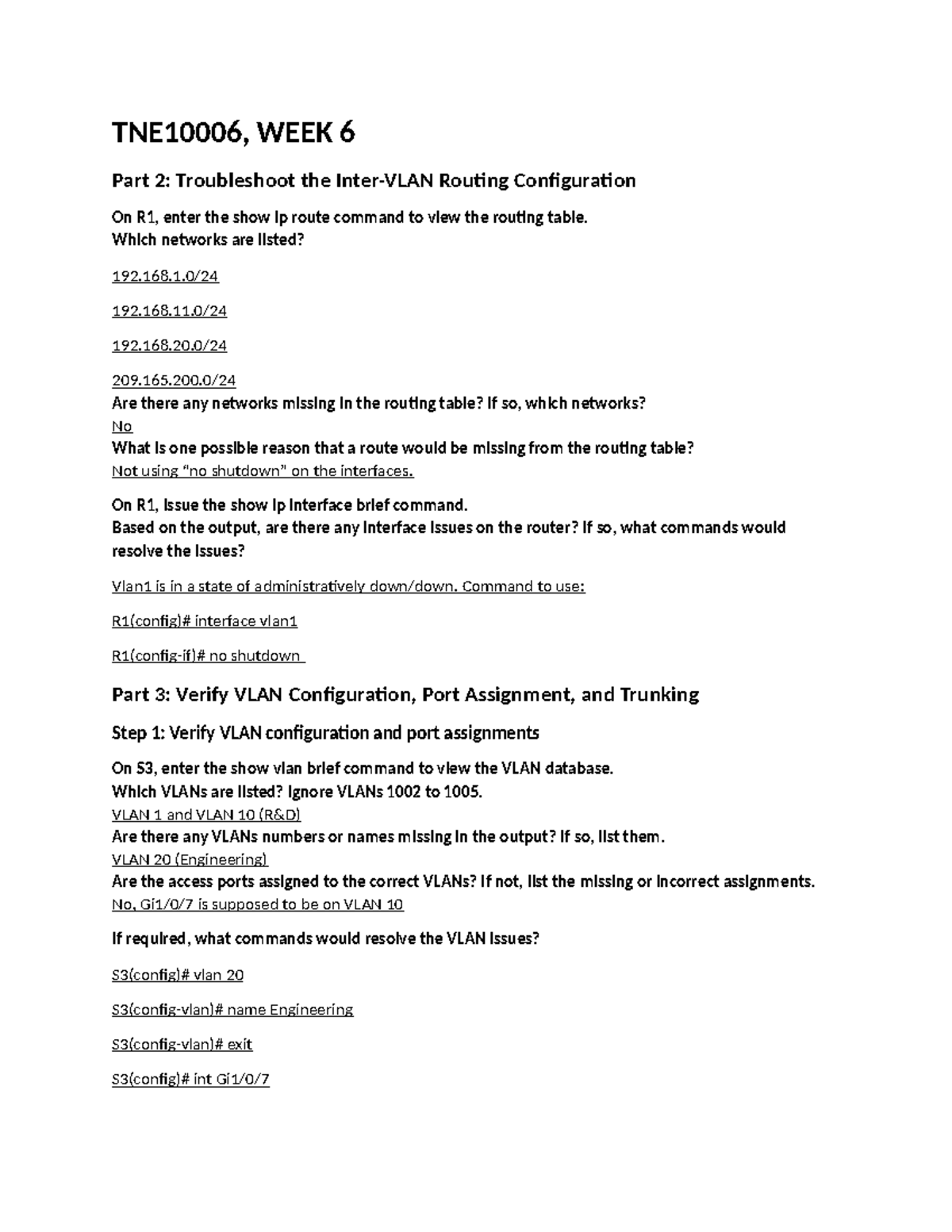 Lab 6: Troubleshooting Routing & VLAN Config for TNE10006 - Studocu