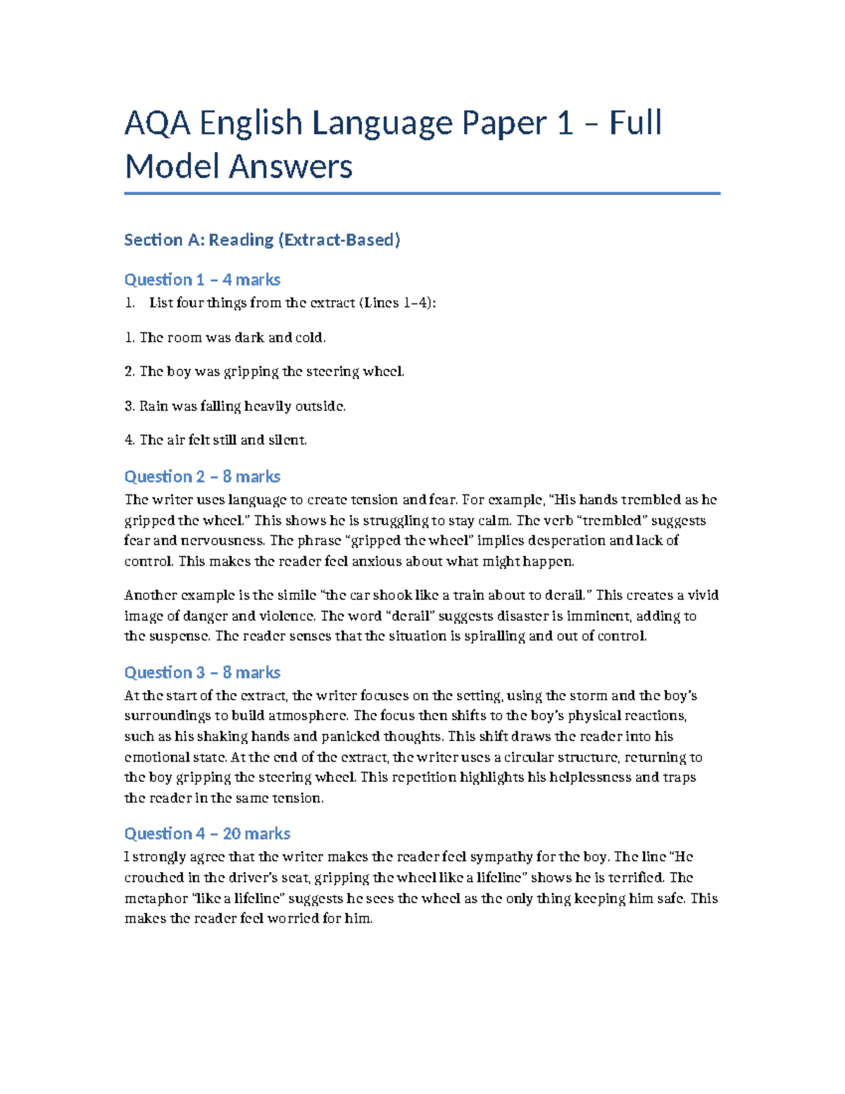 AQA English Language Paper 1 Model Answers for Reading Section A - Studocu