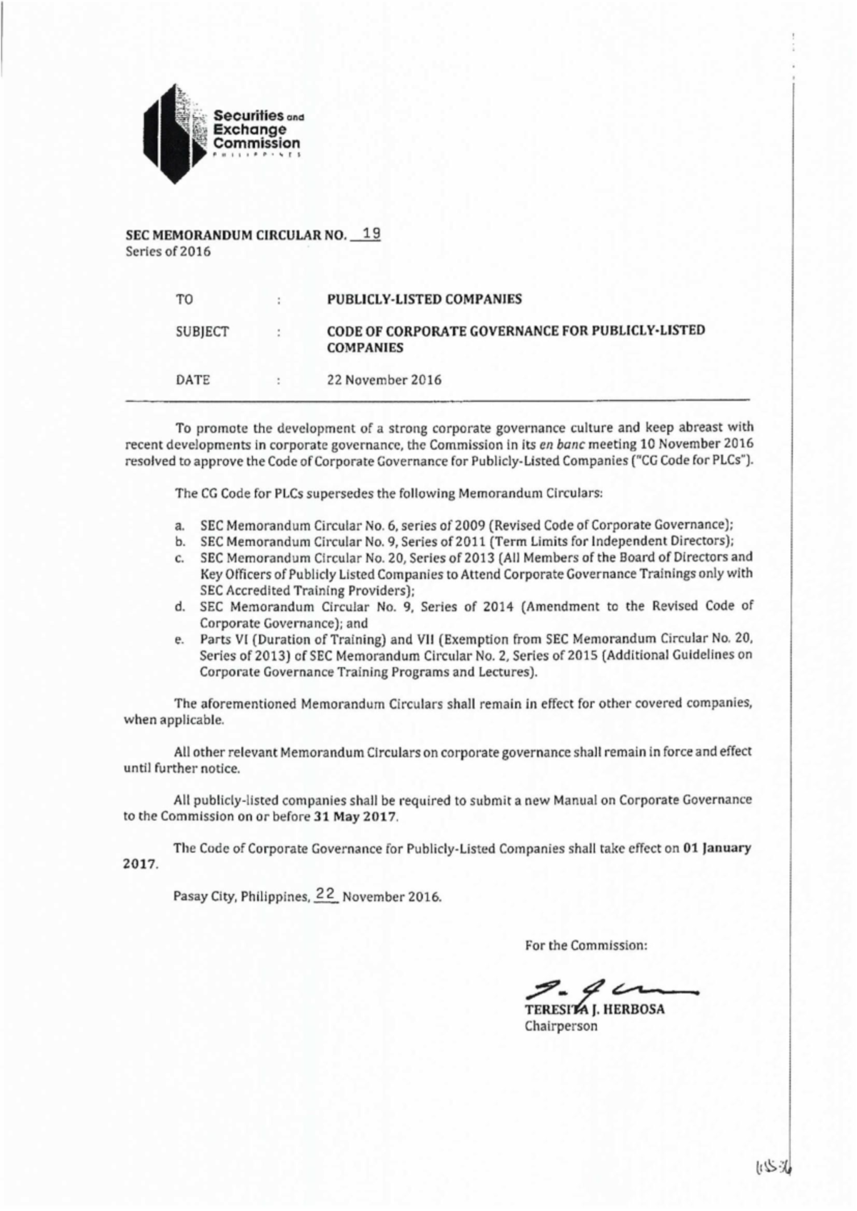 SEC MC No. 19, S. 2016 - Corporate Governance Code Overview - Studocu