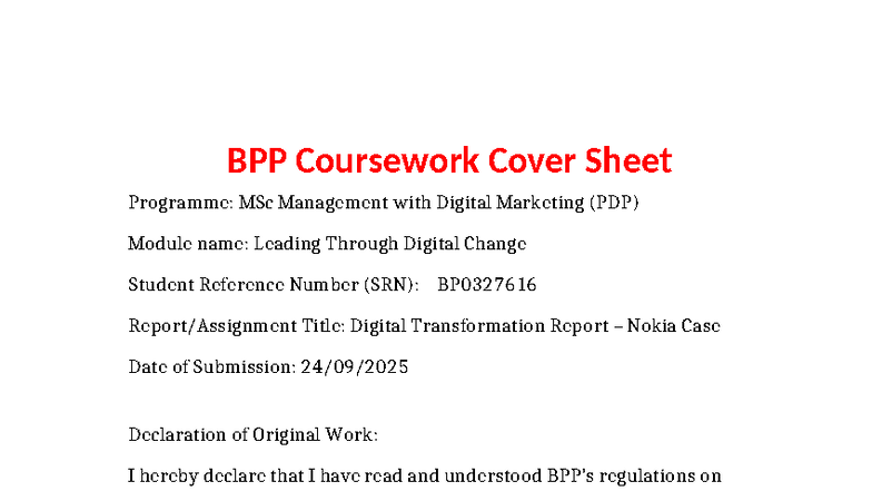 BPP MSc Management (PDP) Digital Transformation Report: Nokia Case ...