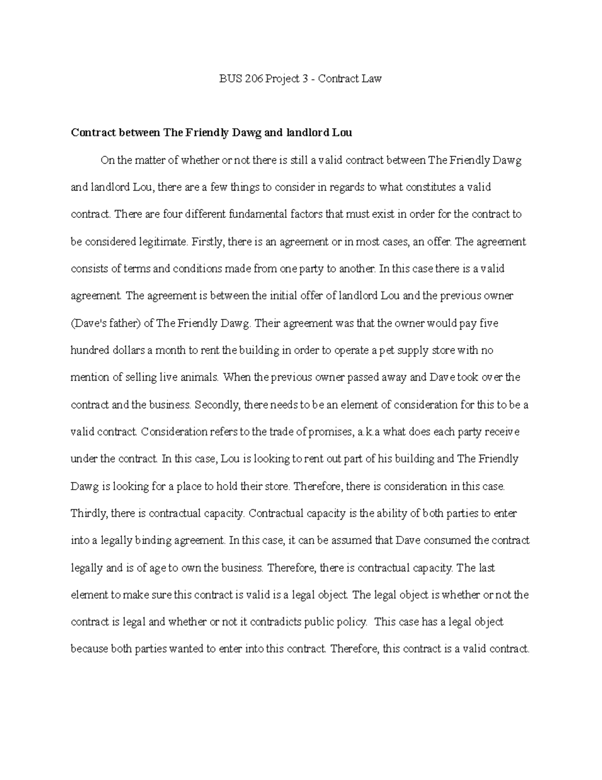 BUS 206 Project 3 - Exploring Contract Validity and Implications - Studocu