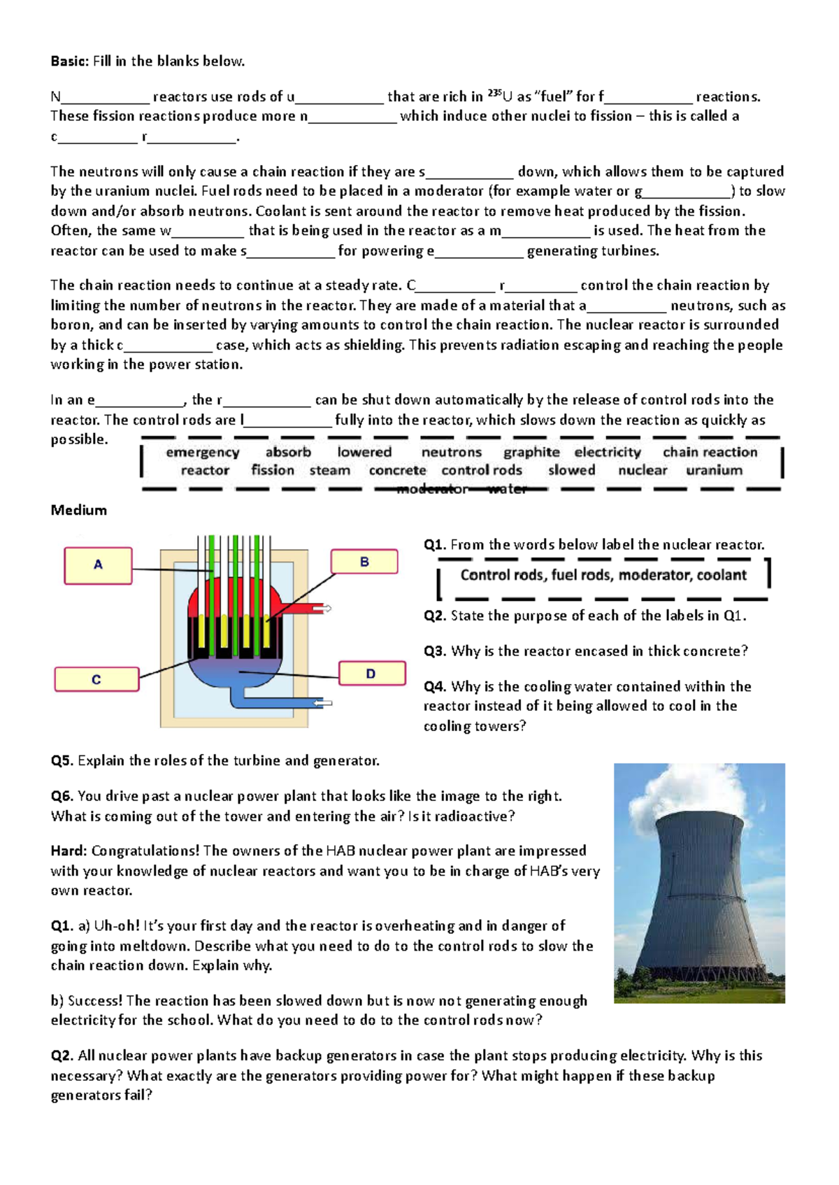 Nuclear Power Plant Worksheet: Understanding Reactor Functions and ...