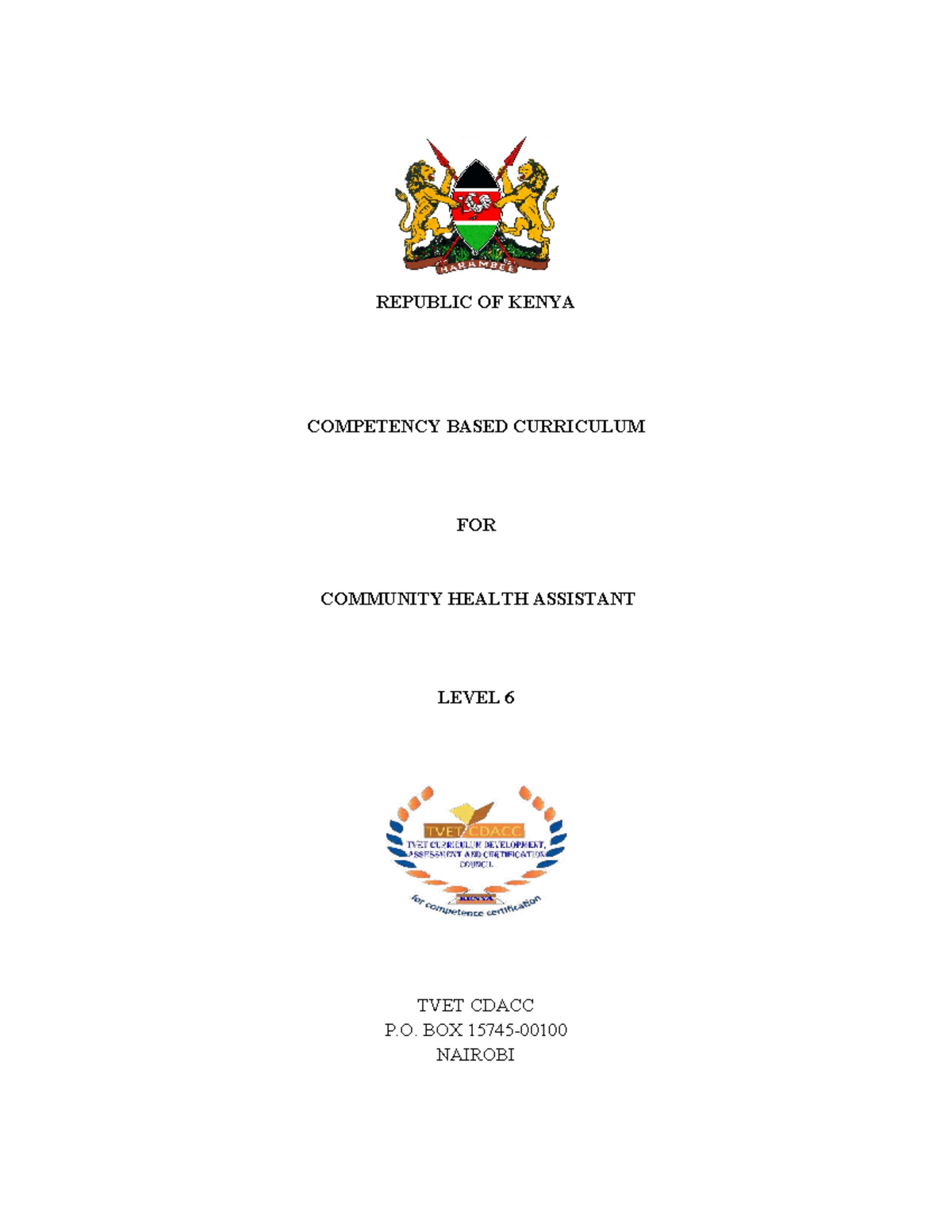 Community Health Assistant Level 6 Curriculum - TVET CDACC - Studocu