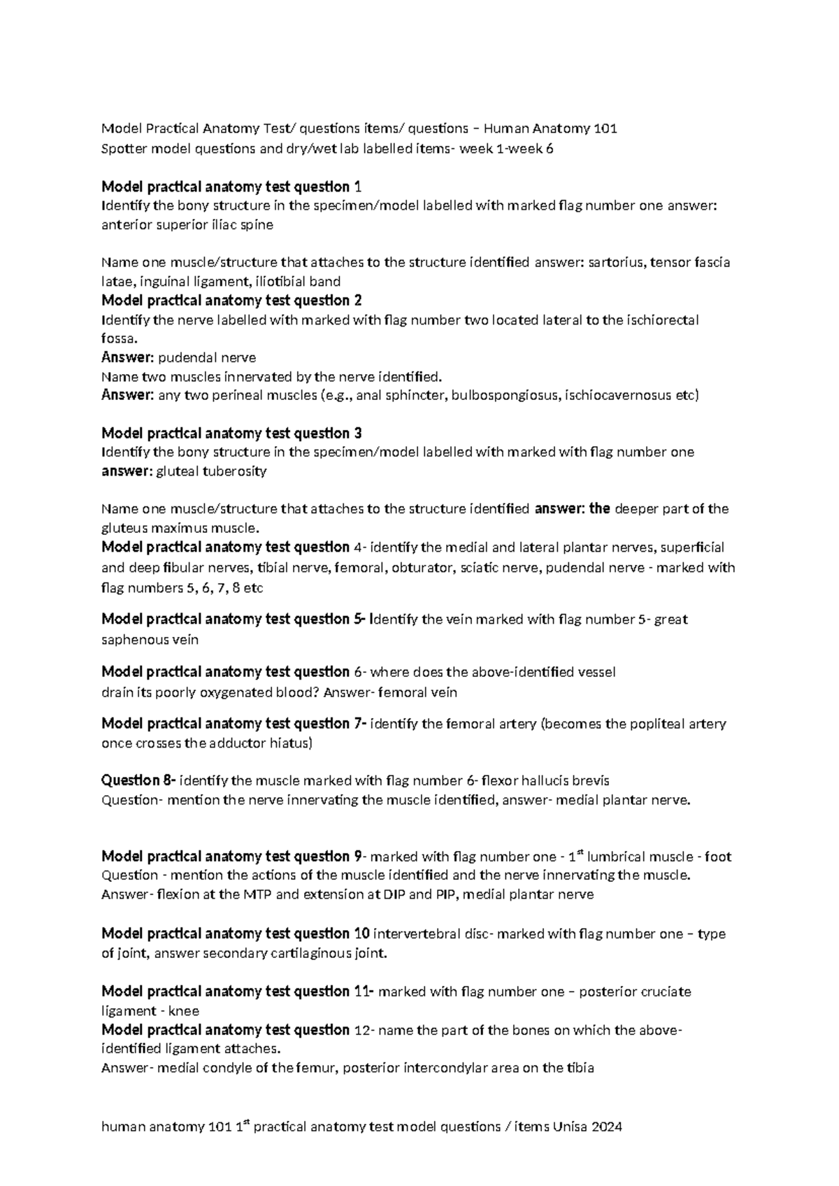 Model Practical Anatomy Test Questions - Human Anatomy 101 (UNISA 2024 ...