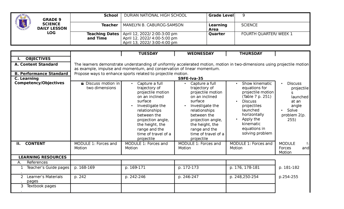 4th Quarter Daily Lesson Log for Grade 9 Science (S9FE) - Studocu