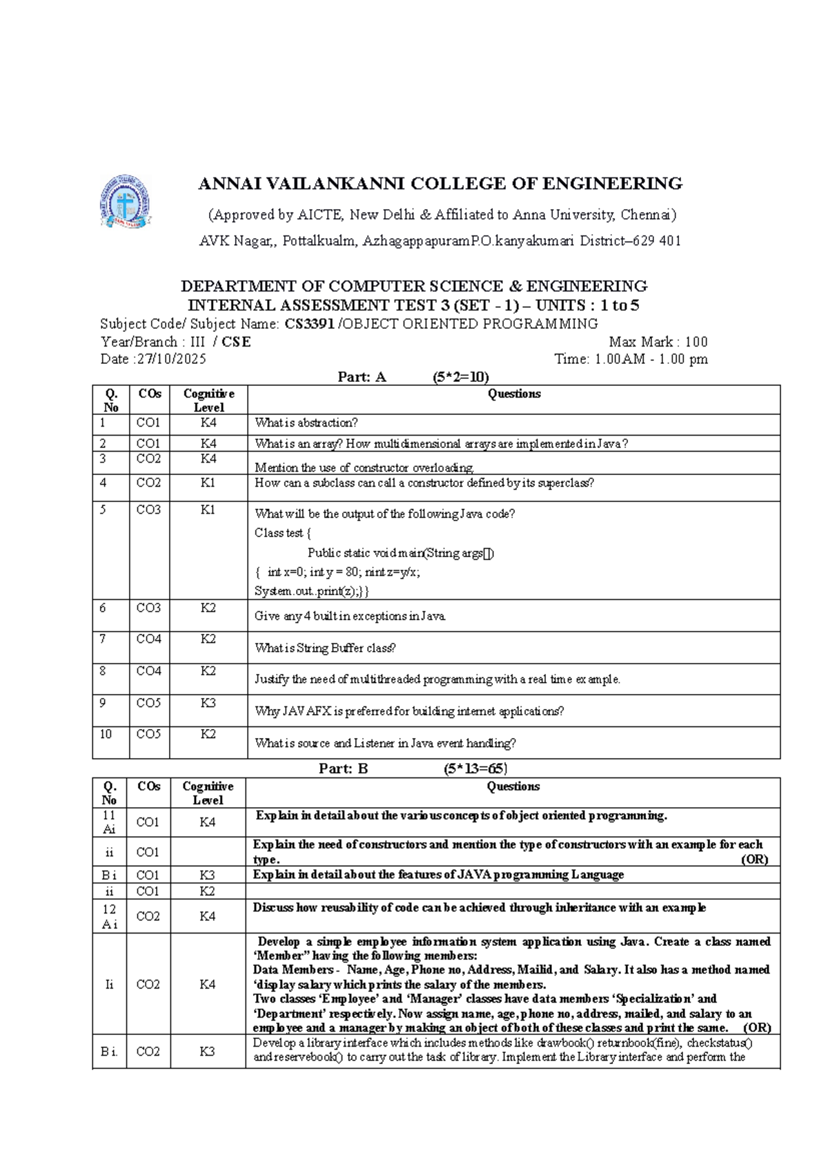 OOPS CS3391 IAT 3 Model Question Paper (Units 1-5) - Studocu