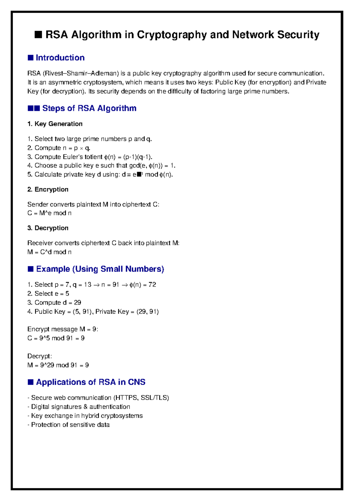 RSA & RC4 Algorithms in Cryptography and Network Security - Studocu