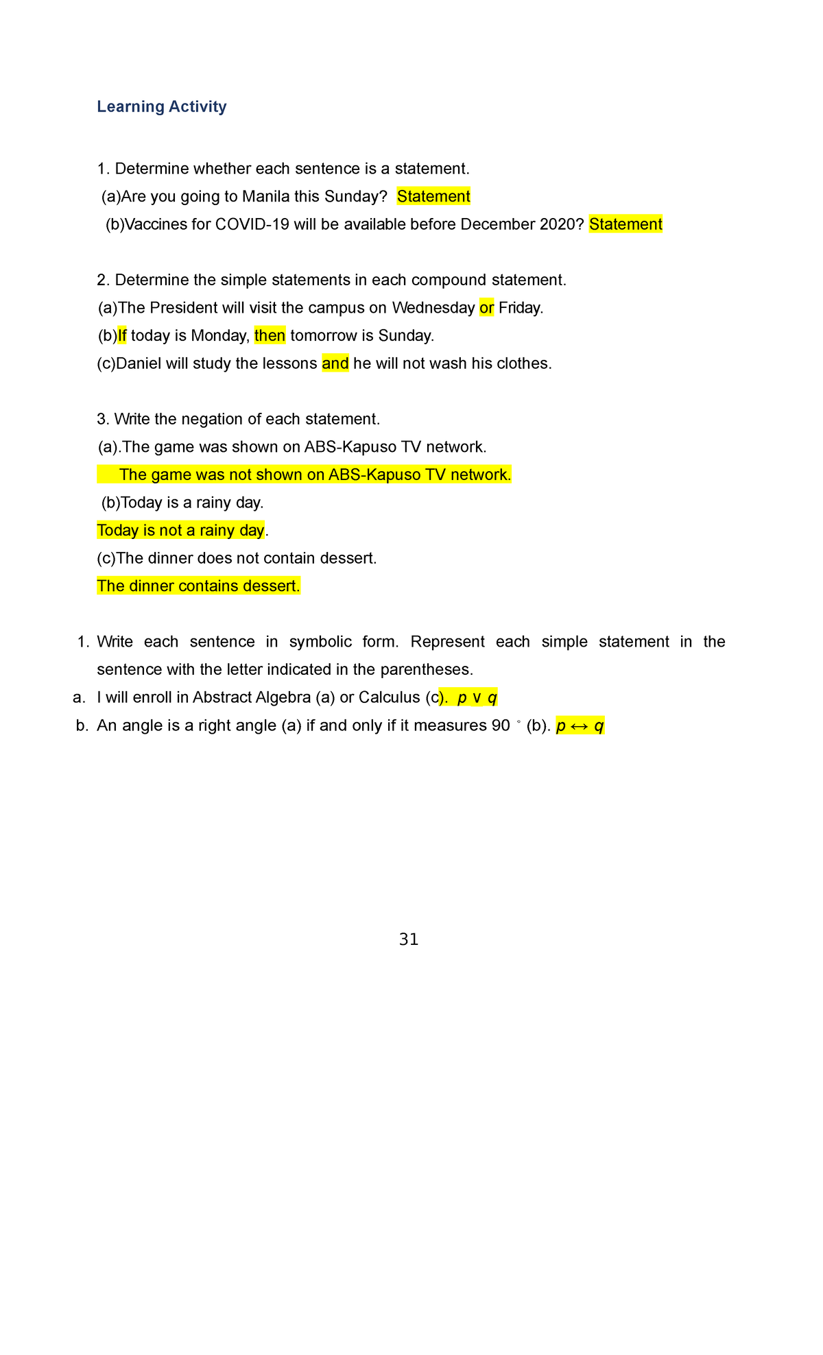 Ella reading - 1. Determine whether each sentence is a statement. (a ...