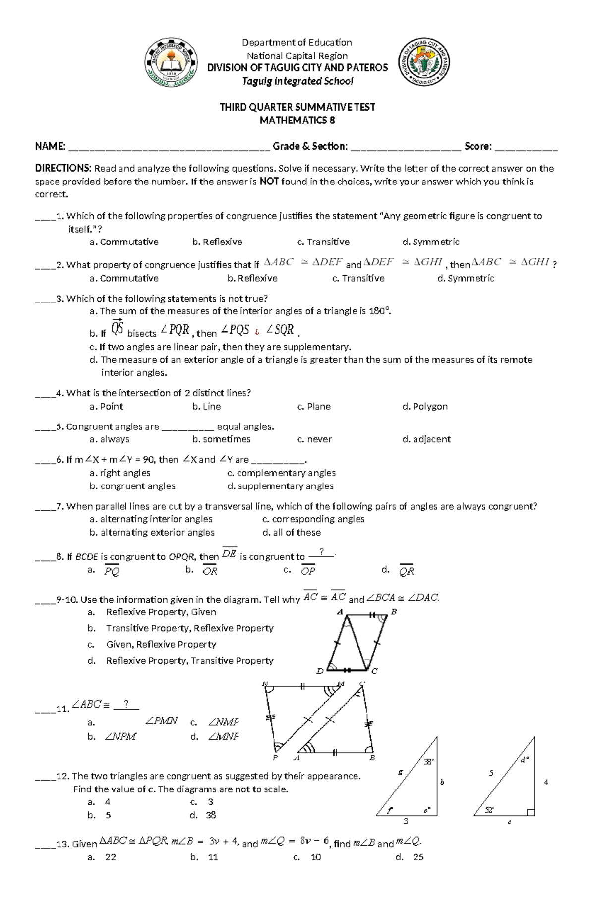 3rd Quarter Summative Test Math 8 - A B D C d° f° e° b c g 3 4 5 38° 52 ...