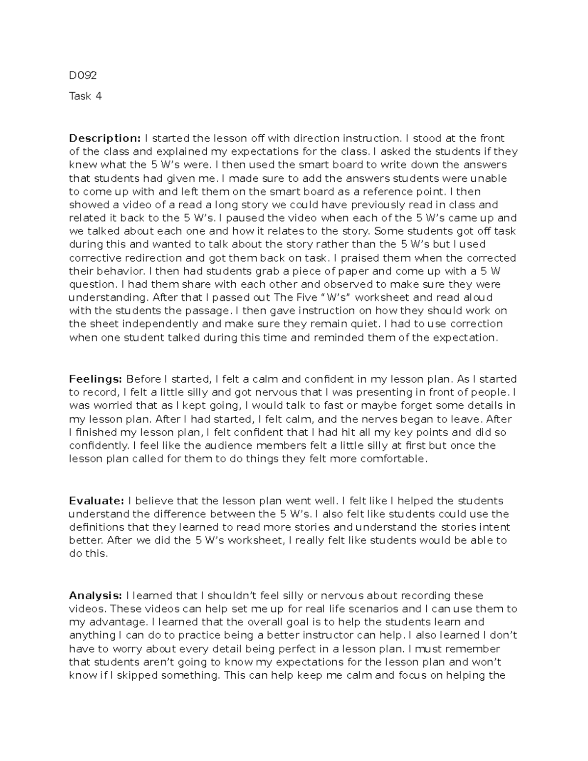 D092 Task 4 - Lesson Plan Reflection and Evaluation - Studocu