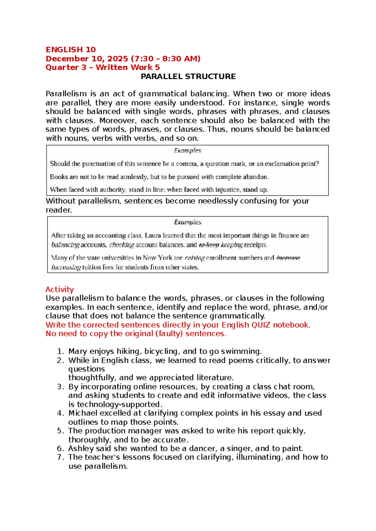 ENGLISH 10 Q3 Written Work 5: Parallel Structure Quiz - Studocu