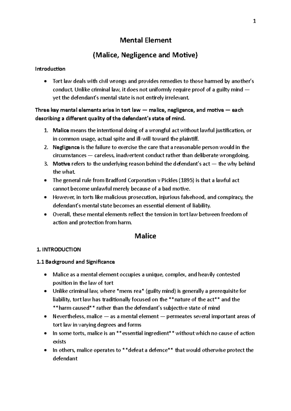 Mental Element in Tort Law: Malice, Negligence, and Motive Analysis ...