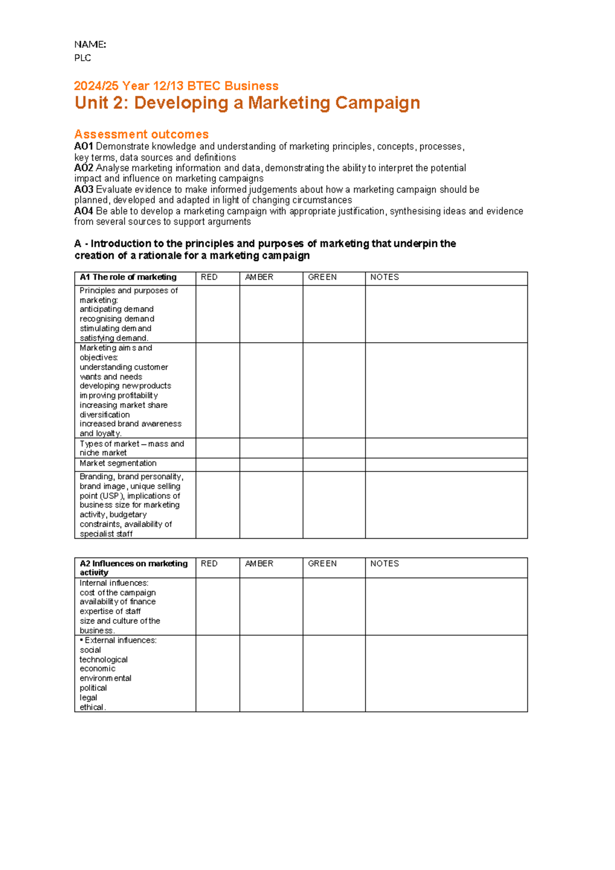 BTEC Business Unit 2 PLC - Developing a Marketing Campaign Test - Studocu